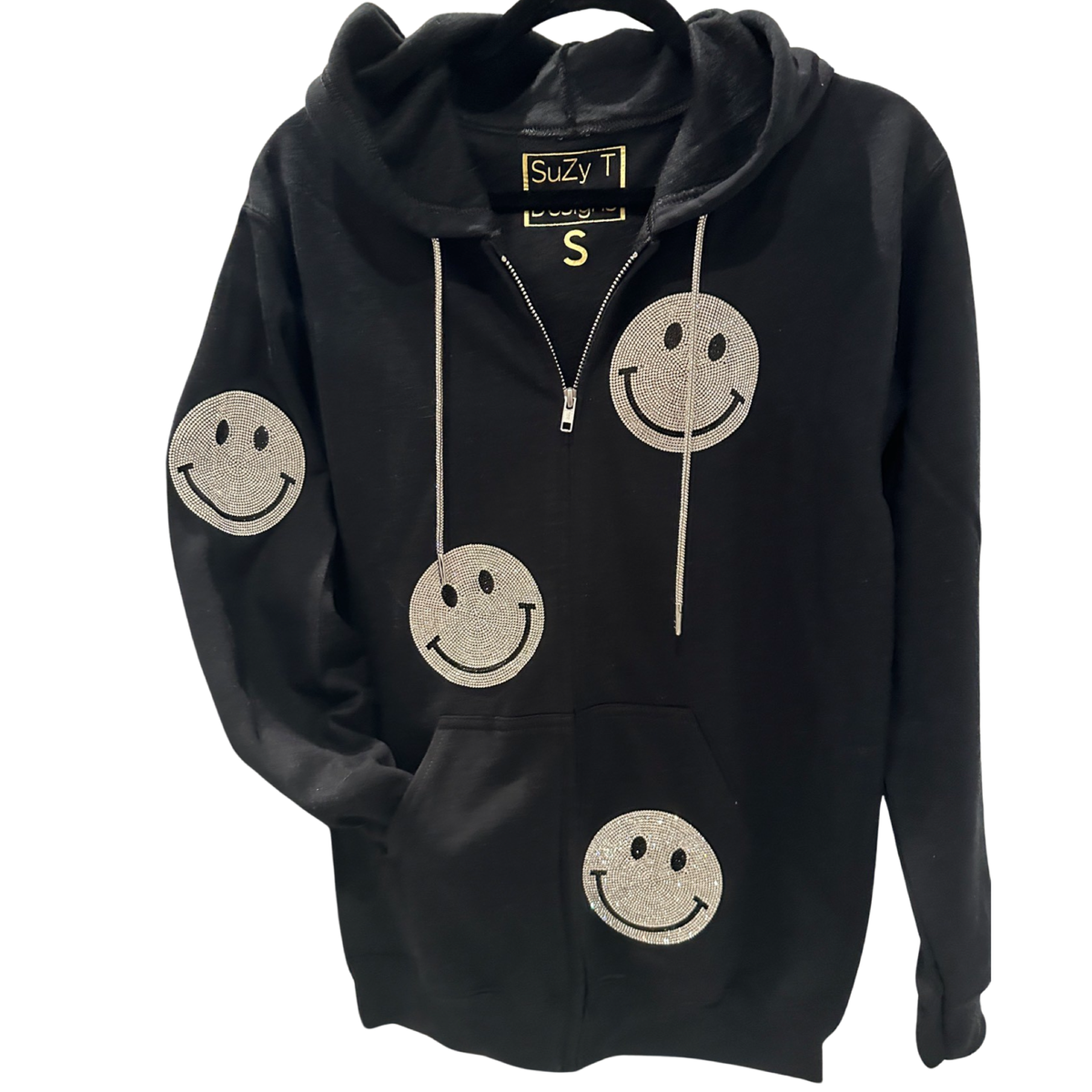 Suzy T Designs - Zip Hoodie Sweatshirt w/Crystal Happy Face Rhinestone ...
